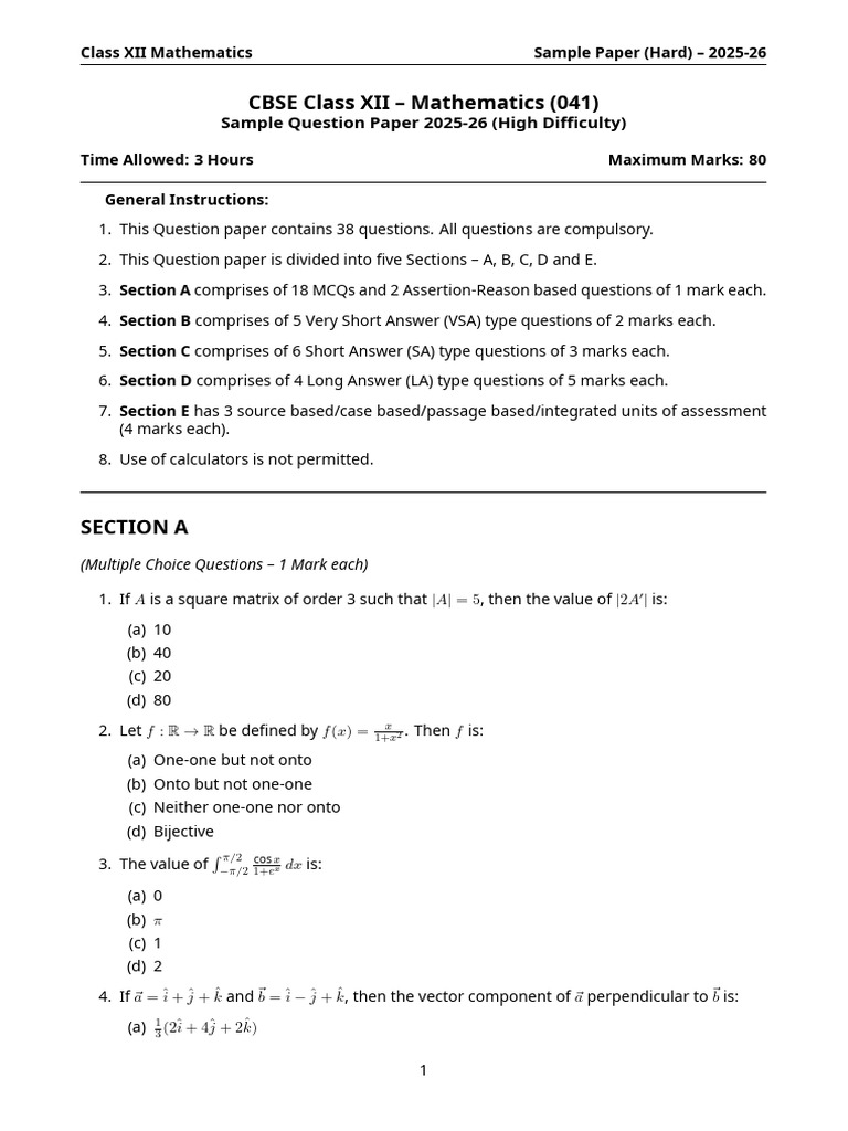 Class XII Mathematics Sample Paper 2025-26 | PDF | Mathematical Objects ...