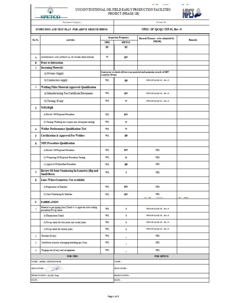 Itp for Ag Piping(Npes Sp Qcqc Itp 01) | PDF | Welding | Construction