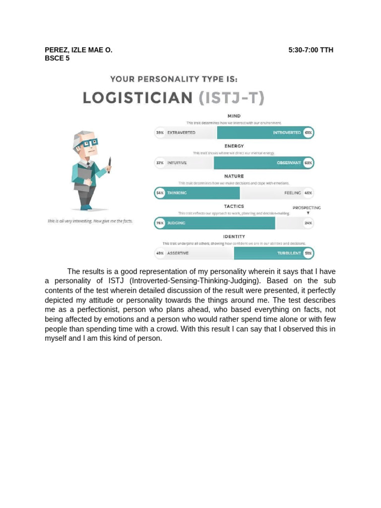 ISTJ Personality Analysis and Reflection | PDF
