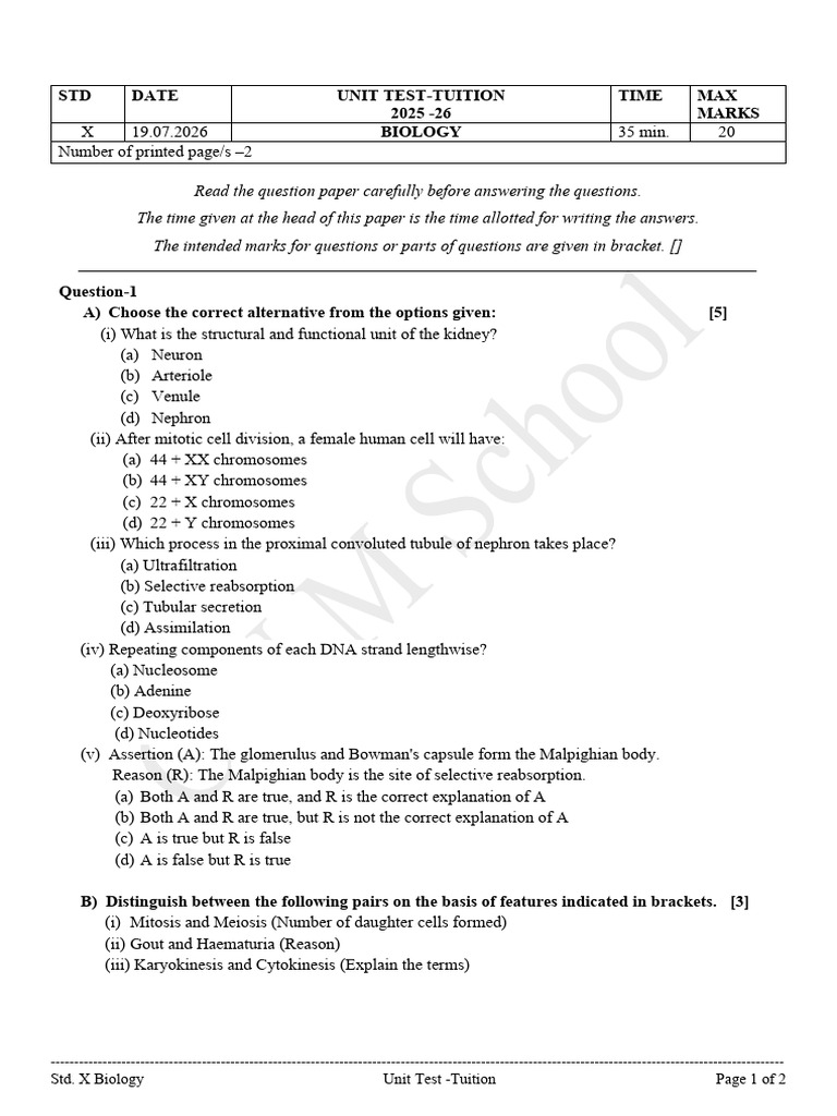 Std. X Biology Unit Test Questions | PDF | Kidney | Life Sciences