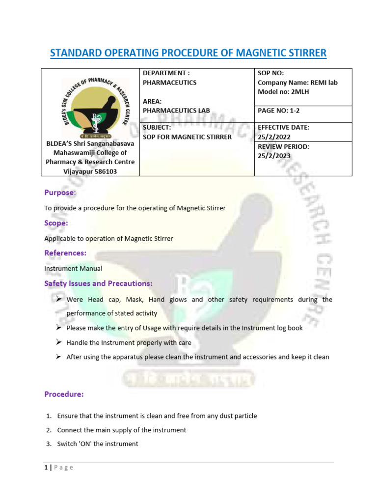 Magnetic Stirrer Operating Procedure | PDF