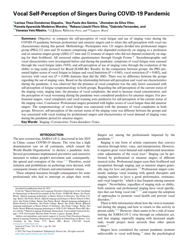 Vocal Self Perception of Singers During COVID 19 P | PDF | Singing ...