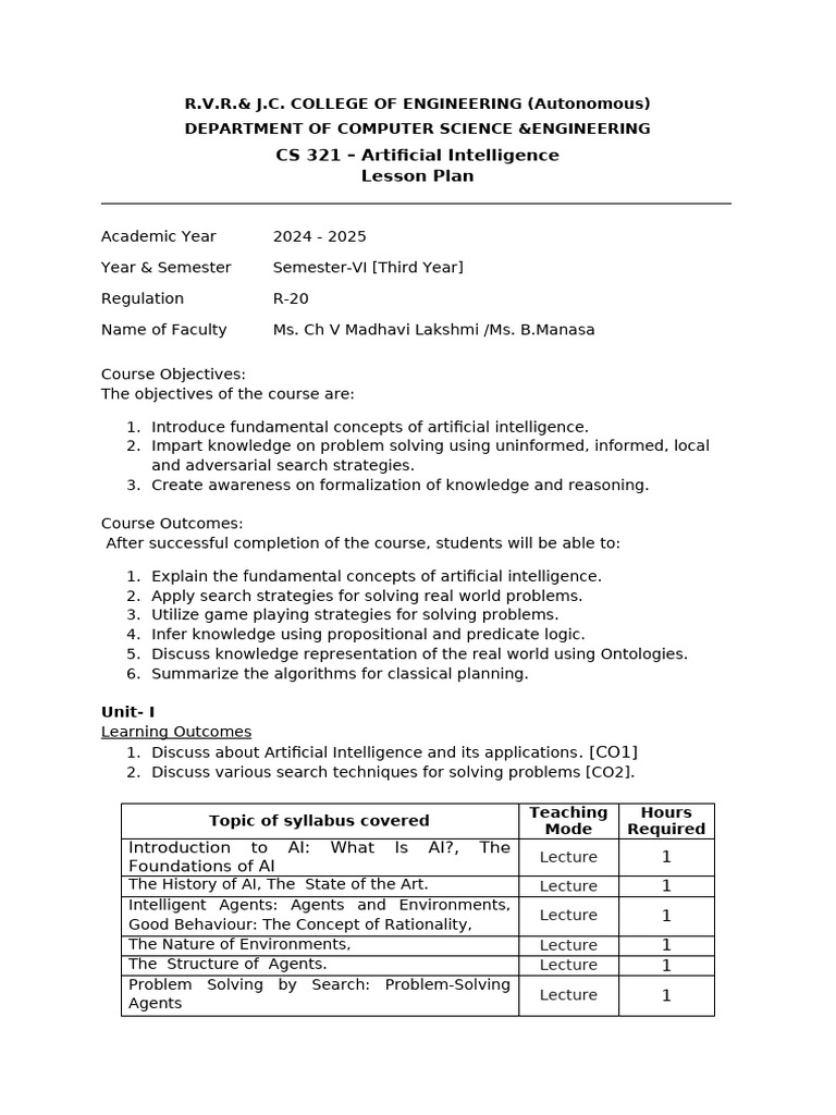 AI Lesson Plan (R20) | PDF | Artificial Intelligence | Intelligence (AI ...