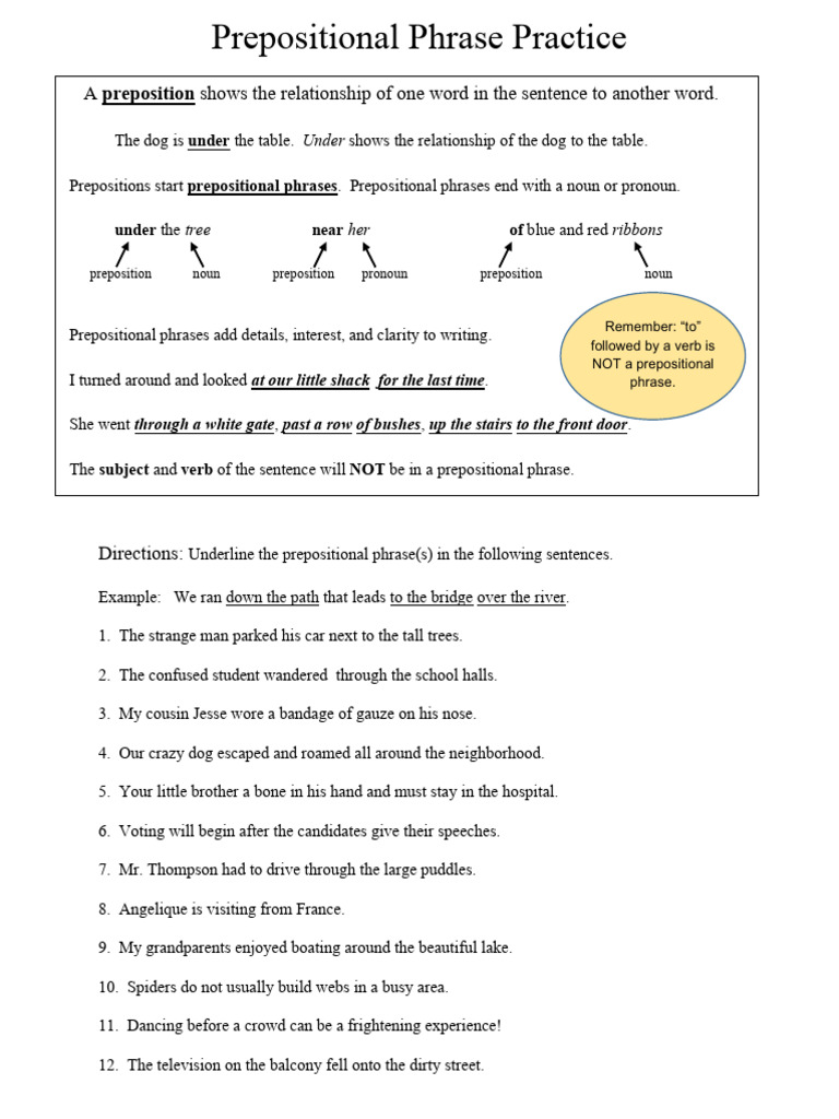 Prepositional Phrase Practice Exercises | PDF | English Grammar | Phrase