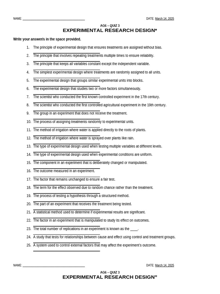 Experimental Research Design Quiz 3 | PDF | Experiment | Design Of ...