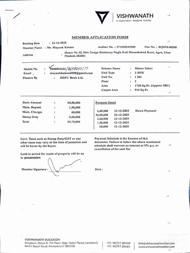 Vishwanath Buildcon Member Application Form | PDF | Common Law ...