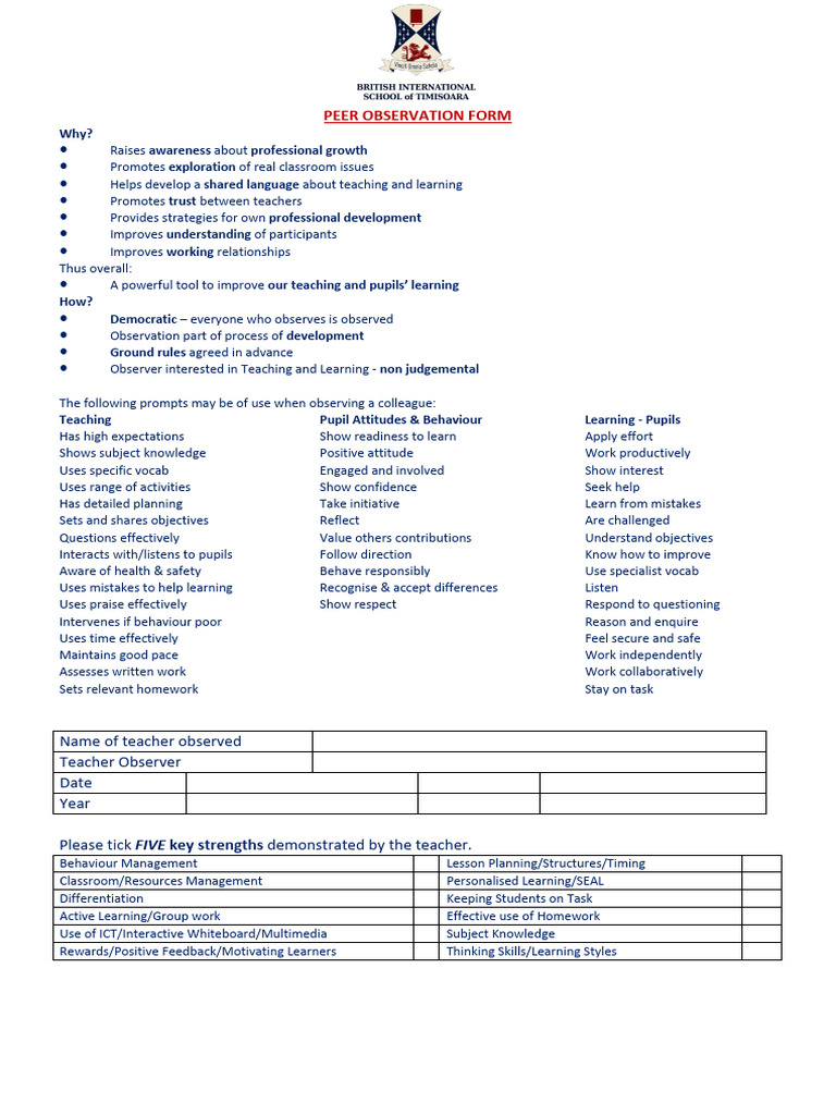 Peer Observation Form for Teachers | PDF | Learning | Teachers