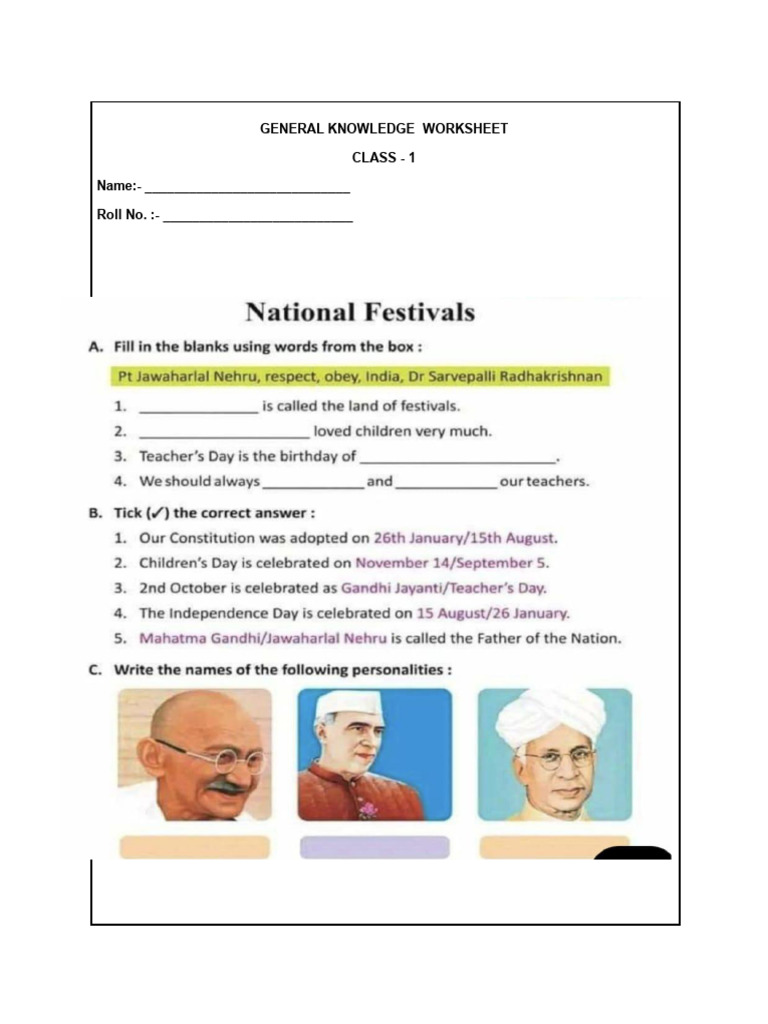 G.K Worksheet Class 1 | PDF