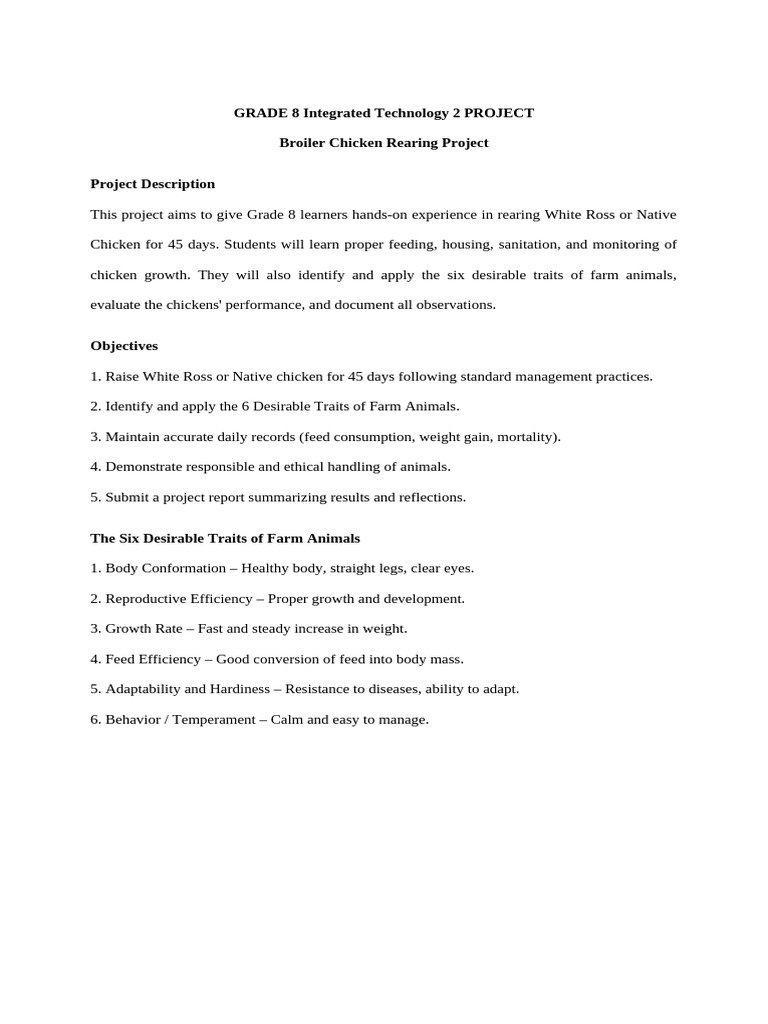 Grade 8 Chicken Rearing Project Guide | PDF | Poultry Farming | Broiler