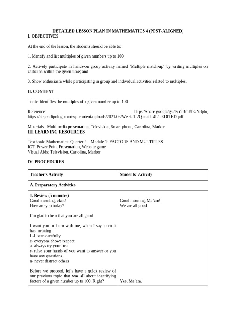 Math Lesson Plan: Identifying Multiples | PDF