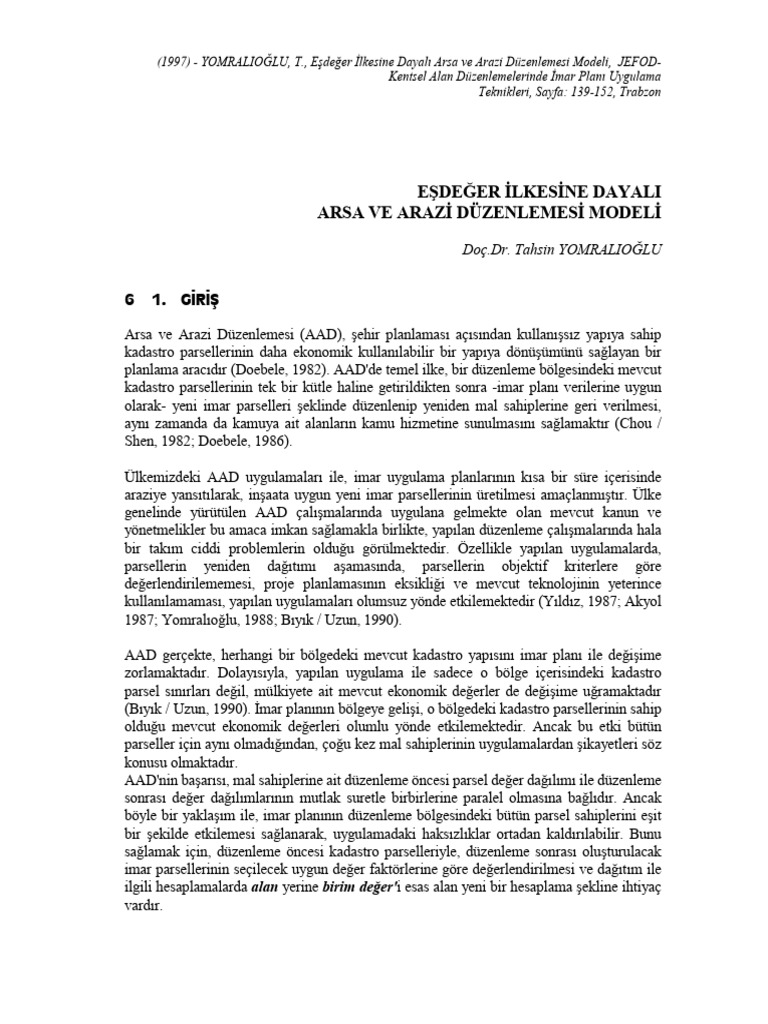 Ödev-ek8-Eşdeğer İlkesi̇ne Dayali Arsa Ve Arazi̇ Düzenlemesi̇ Modeli̇ | PDF