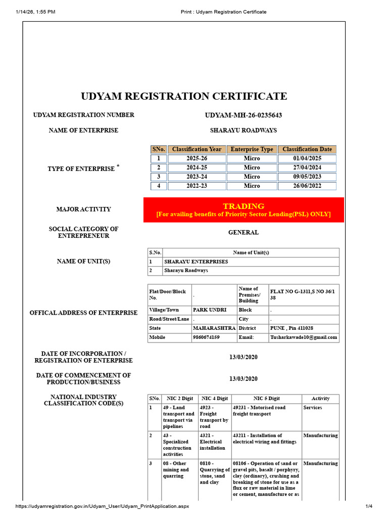 Print - Udyam Registration Certificate | PDF
