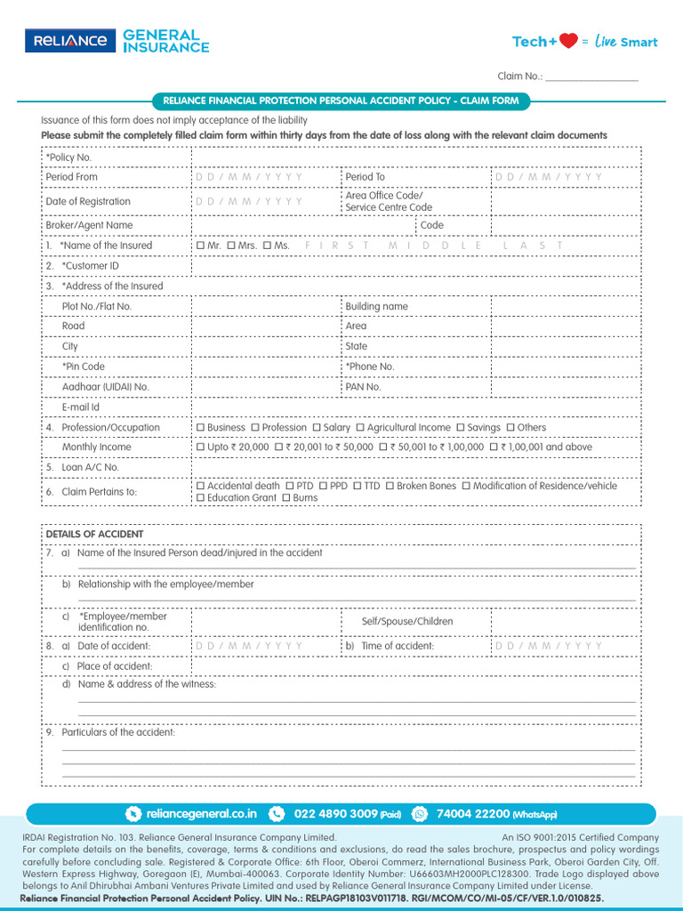 Reliance Financial Protection Personal Accident Policy Claim Form | PDF ...