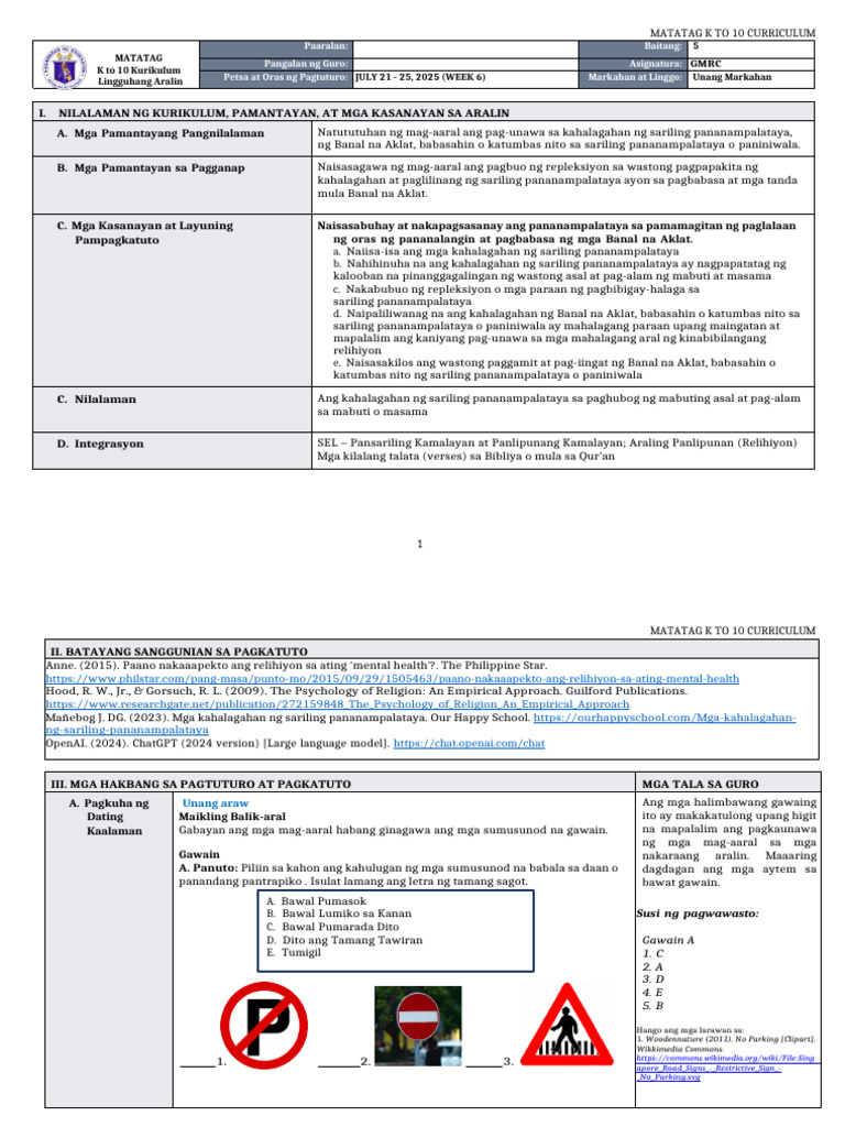 Matatag DLL GMRC g5 q1 w6 | PDF