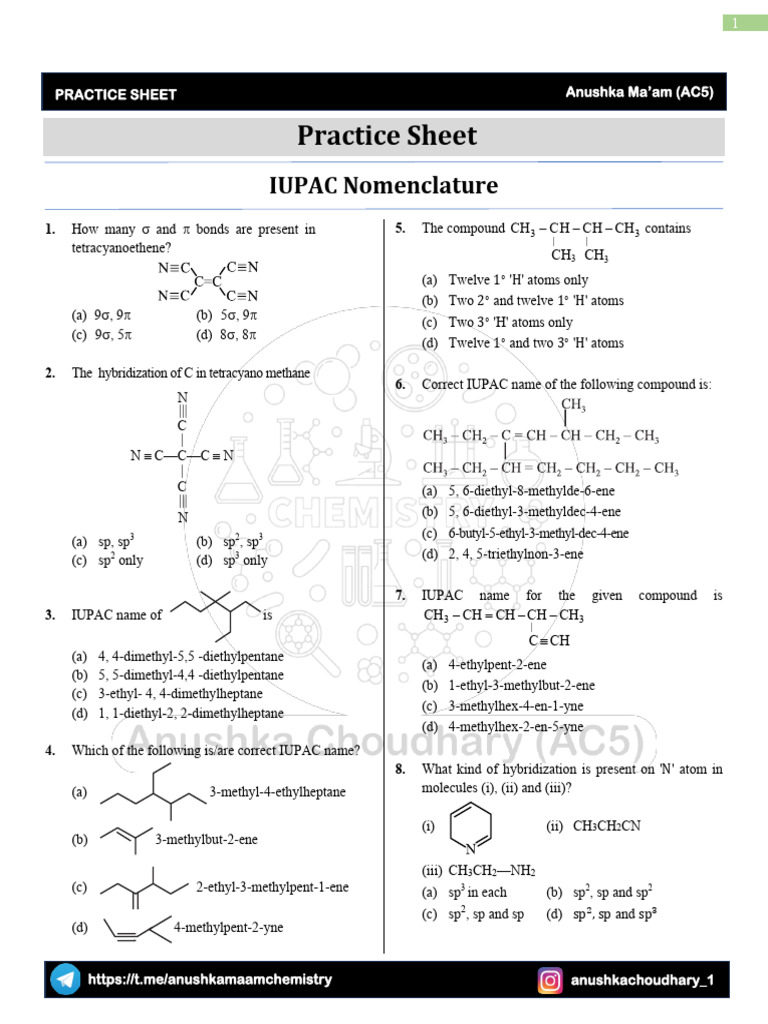IUPAC Nomenclature Practice Sheet | PDF | Chemistry | Chemical Substances