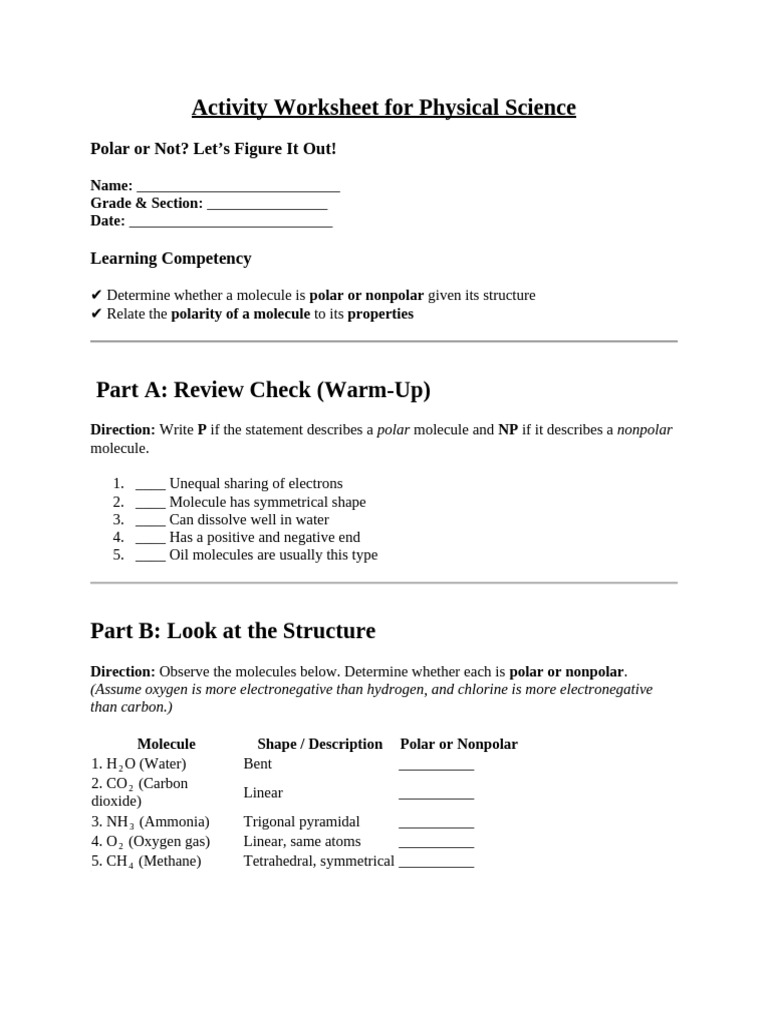 Determine Molecular Polarity Worksheet | PDF | Chemical Polarity ...