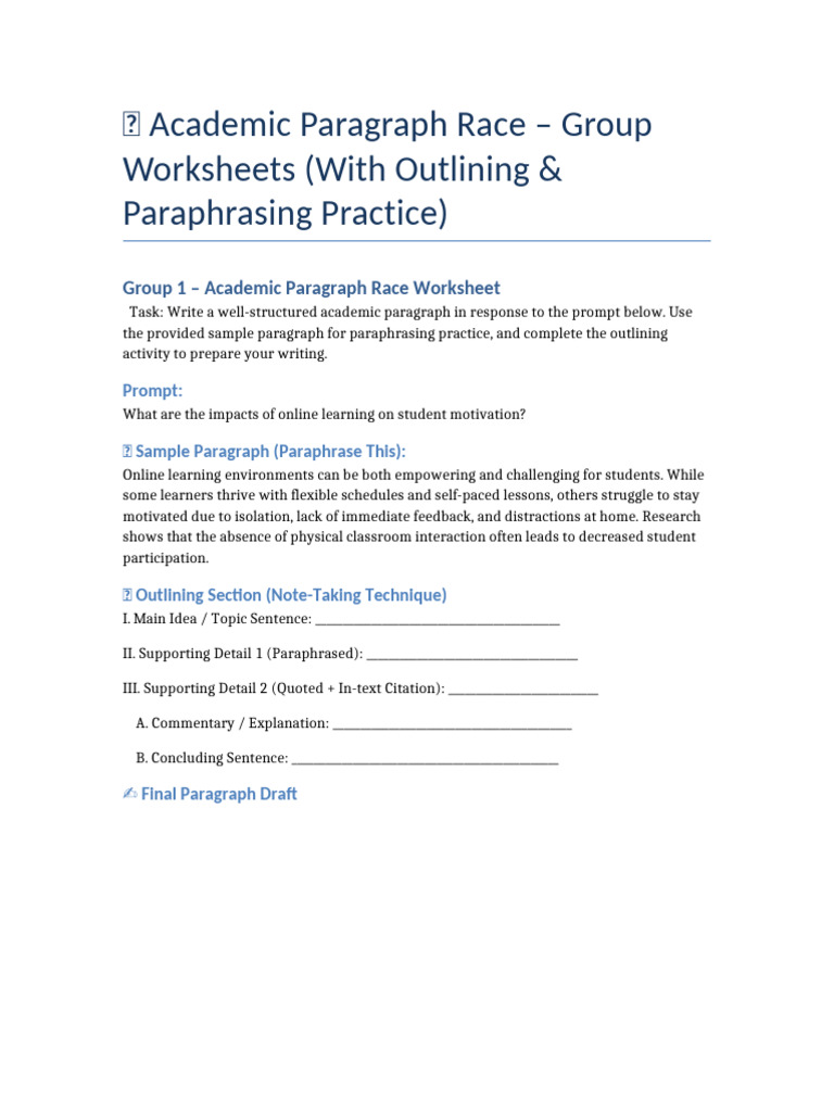 Academic Paragraph Race Worksheets | PDF | Educational Technology | Sleep