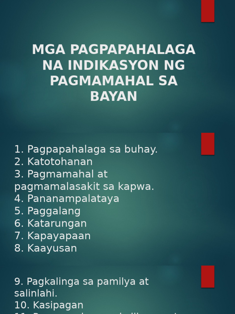 Mga Pagpapahalaga Na Indikasyon NG Pagmamahal Sa Bayan | PDF