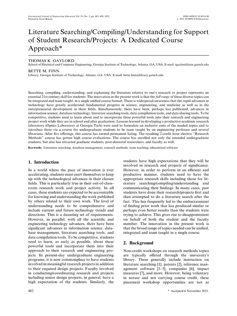 Literature Searching/Compiling/Understanding For Support of Student ...
