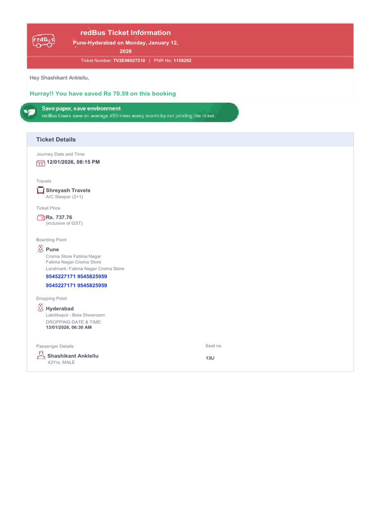 Pune to Hyderabad Bus Ticket Details | PDF