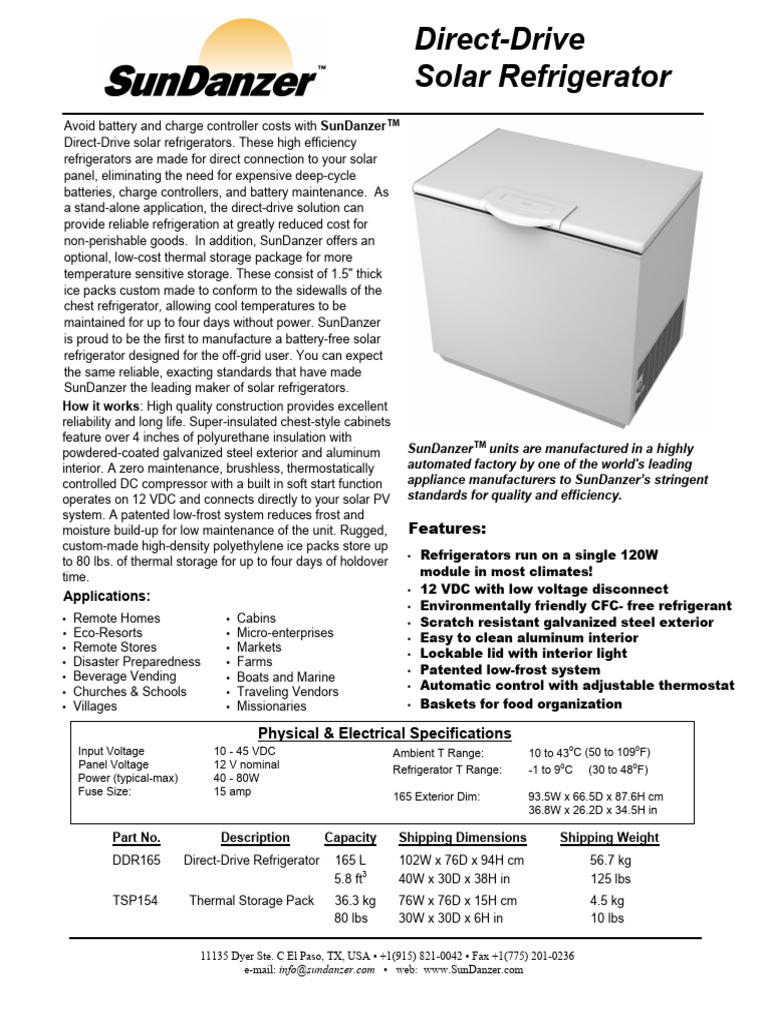 SunDanzer Direct-Drive Solar Refrigerator En | PDF | Refrigerator ...