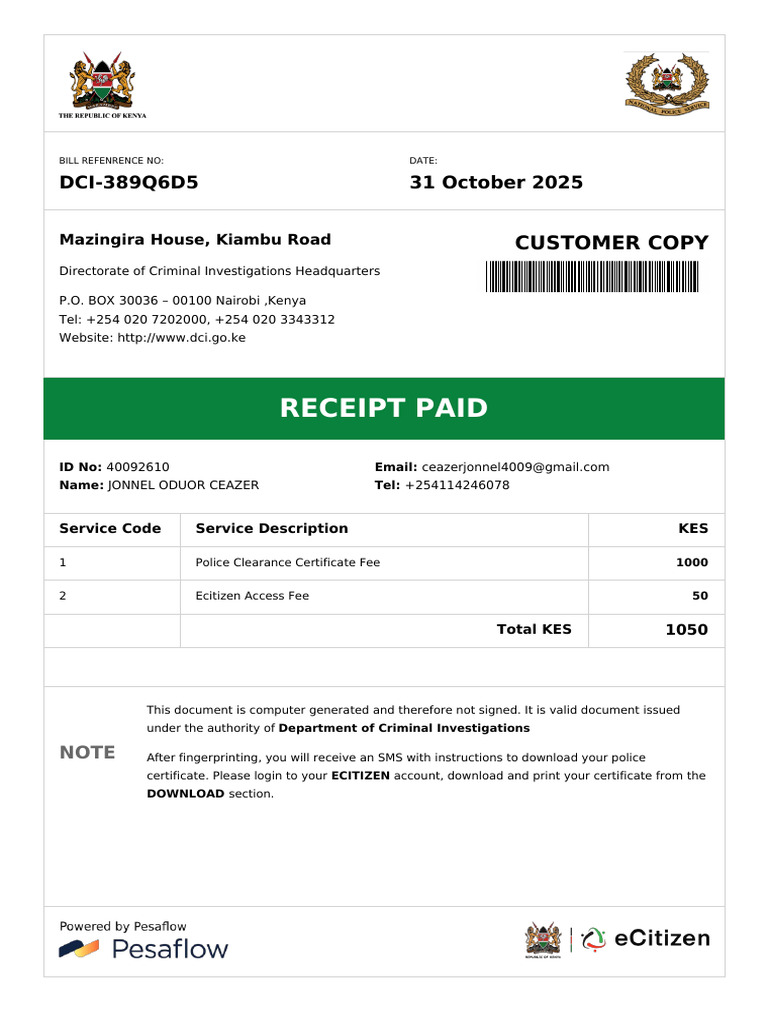 Pcc a6s5n46l4 Dci Receipt (1) | PDF