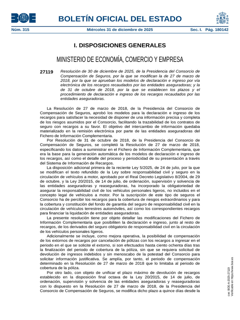 BOE-A-2025-27119 | PDF | Seguro | Póliza de seguros