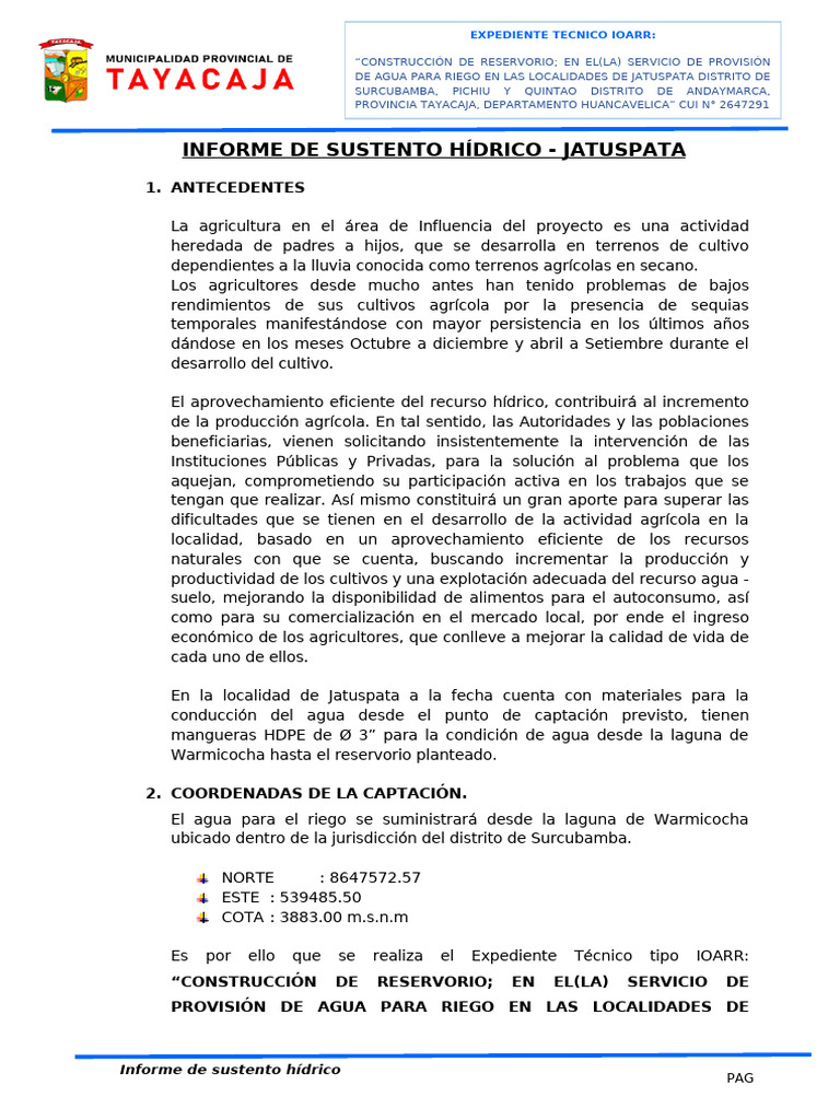 Informe de Sustento Hidrico - Jatuspata | PDF | Agricultura | Reservorio