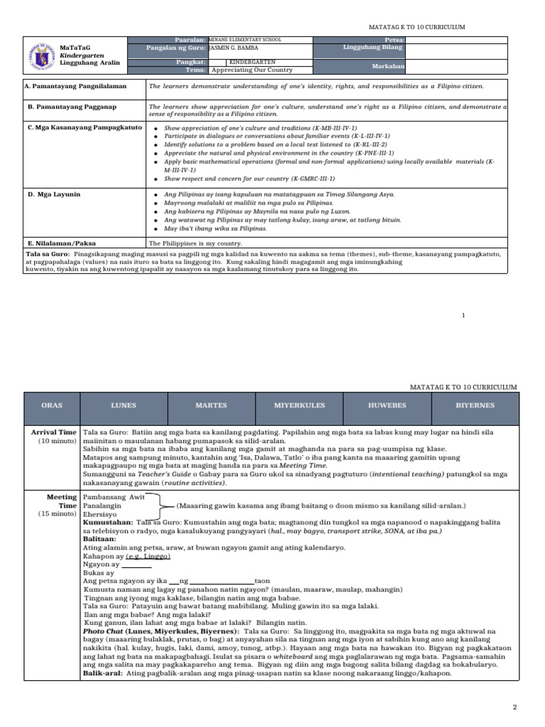 DLL Kindergarten q3 w1 | PDF
