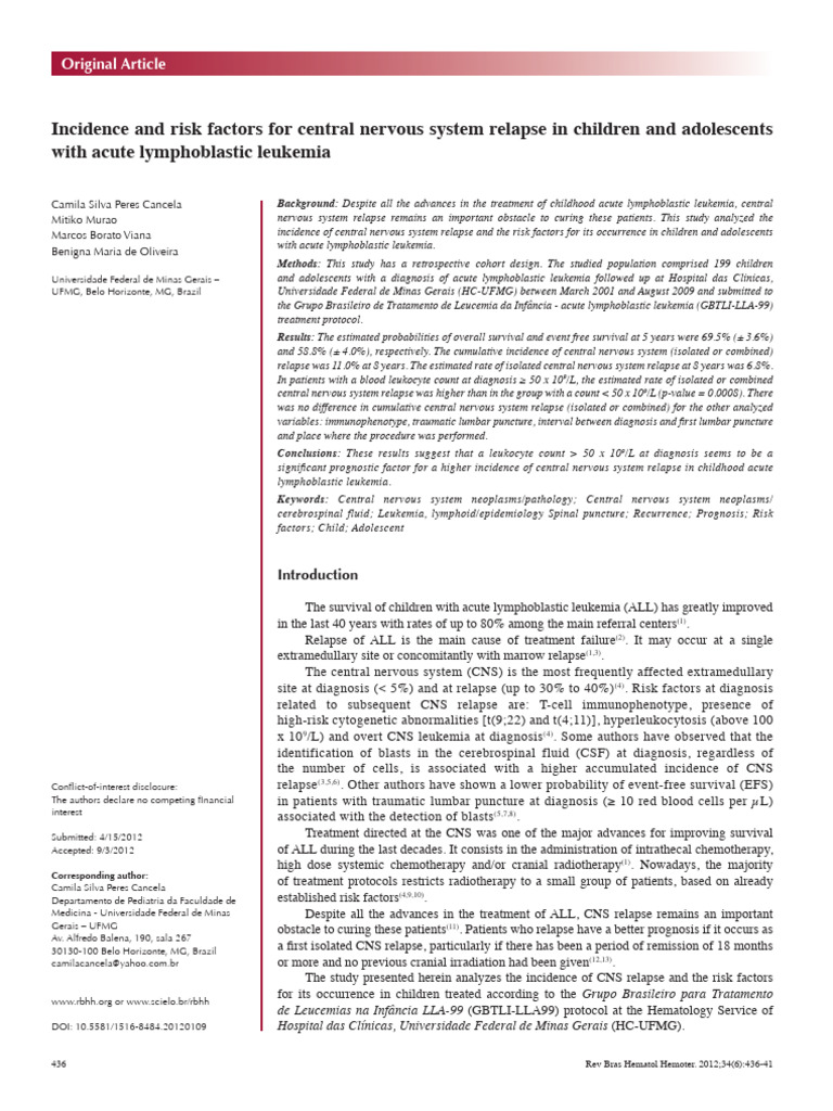 Incidence and Risk Factors for Central Nervous Sys | PDF | Leukemia ...