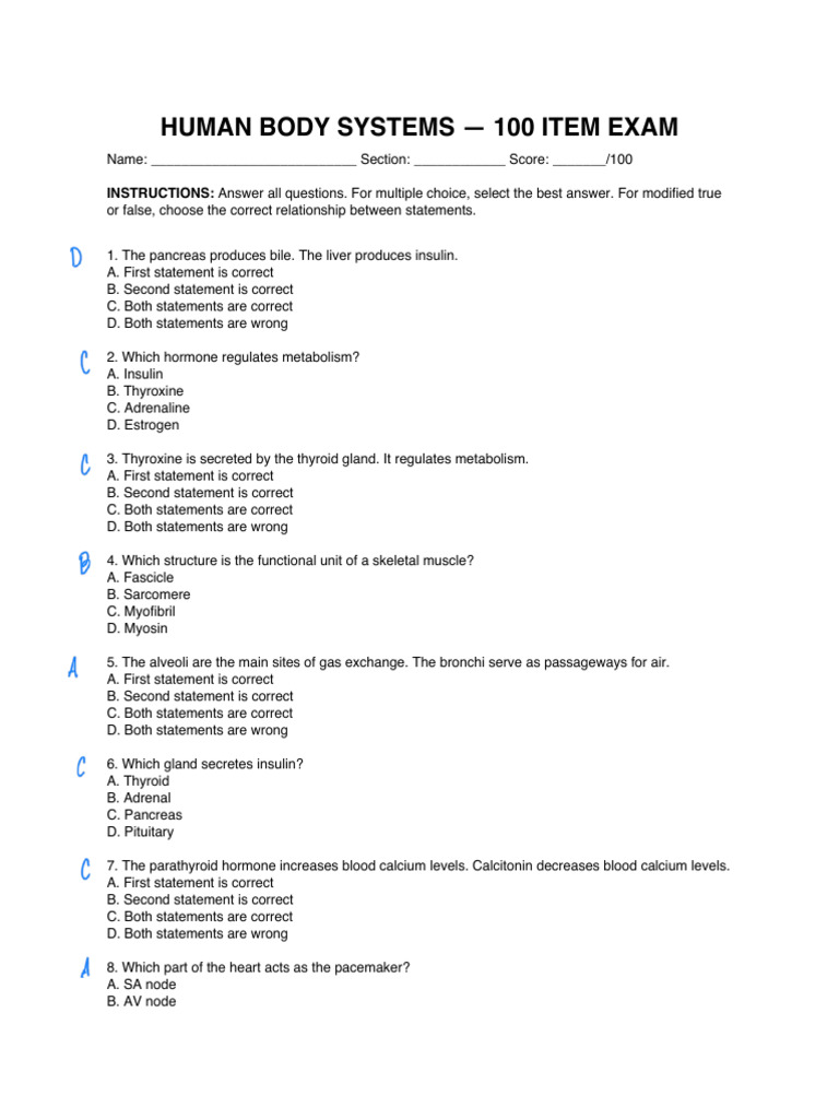 Human Body Systems Exam Questions | PDF | Heart | Blood