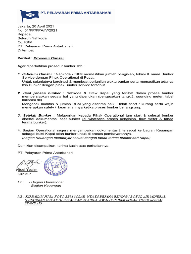 Prosedur Bunker Kapal PT Pelayaran Prima | PDF