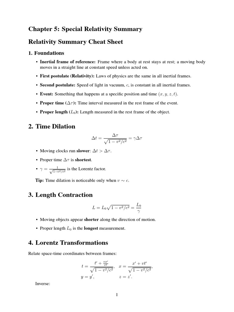 Special Relativity Summary Recap | PDF | Special Relativity | Quantity