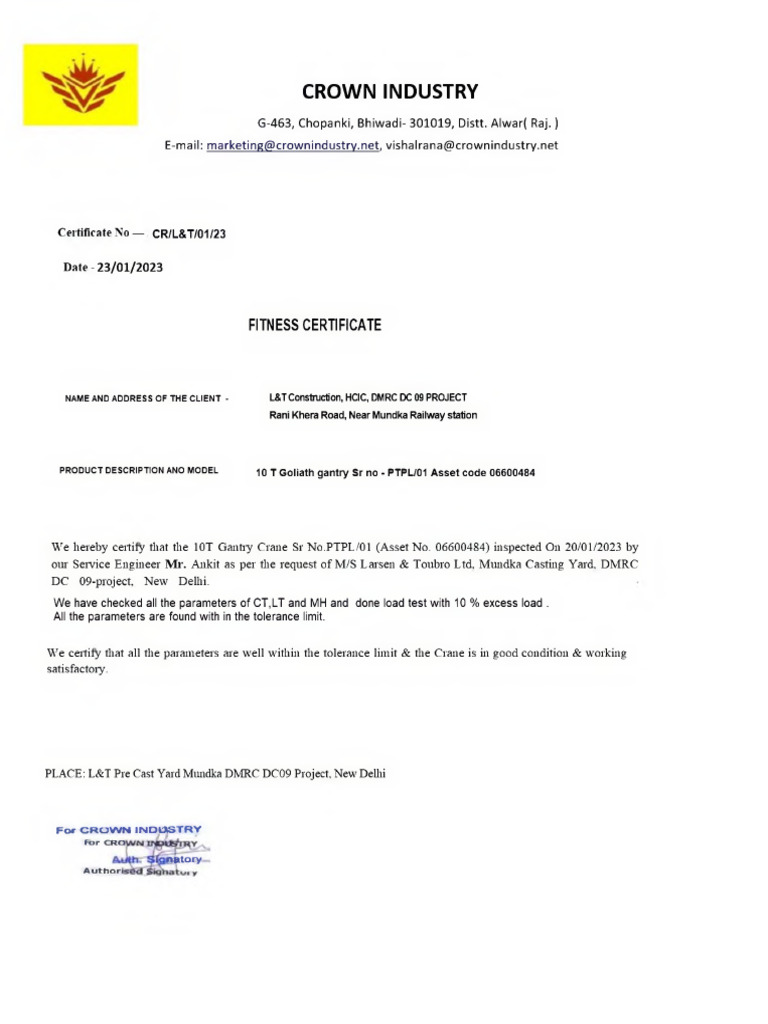 10 T Gantry Crane OEM Certificate | PDF