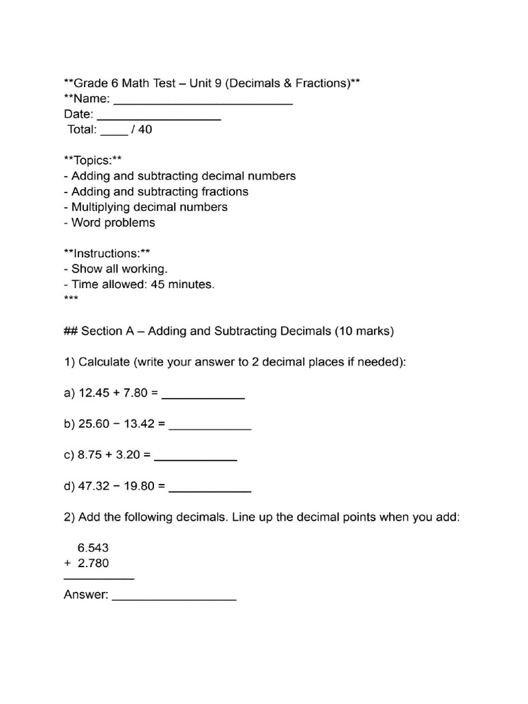 Grade 6 Math Test - Unit 9 (Decimals & Fractions) | PDF