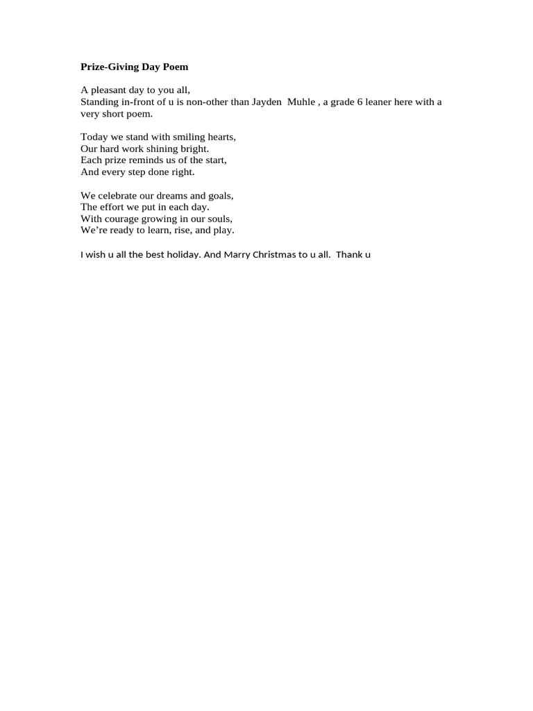 Grade 6 Prize-Giving Day Poem | PDF