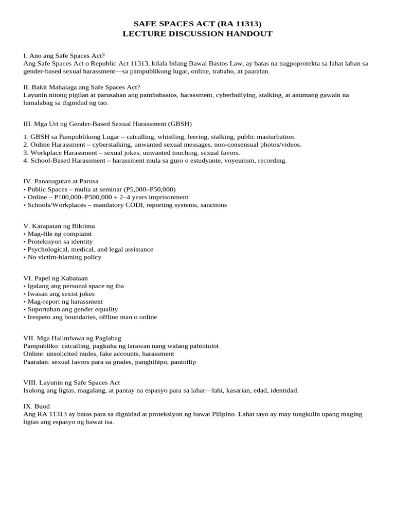 Safe Spaces Act RA11313 Handout | PDF