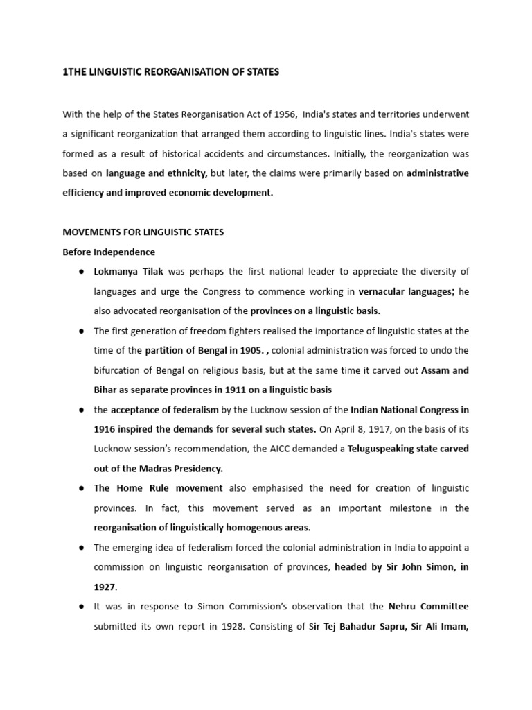 Linguistic Reorganization of Indian States | PDF | Politics Of India