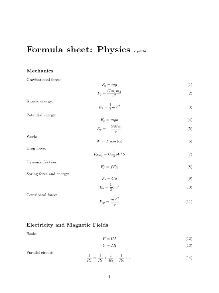 Formula Sheet - Physics 26 | PDF | Force | Classical Mechanics