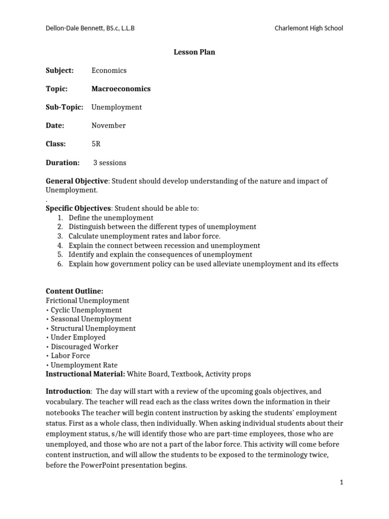 Econ 5R Lesson Plan 4 - Unemployment | PDF | Unemployment | Labor