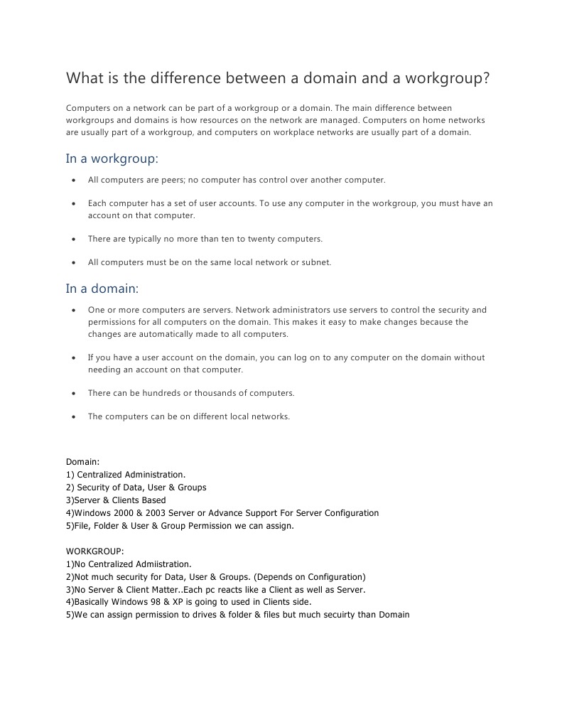 Diff BW Workgroup and Domain | PDF | Scalability | Computer Network
