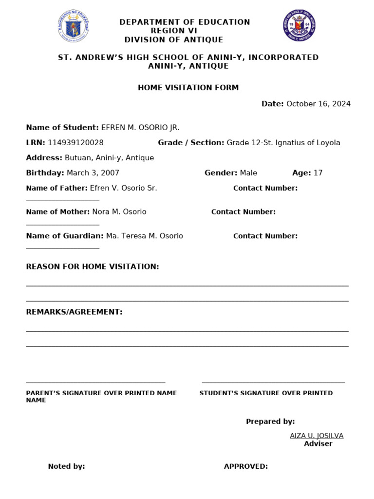 Home Visitation Form for Students | PDF