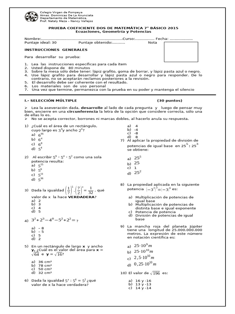 Prueba Coeficiente Dos de Matemática 7 | PDF | Triángulo | Matemática Elemental