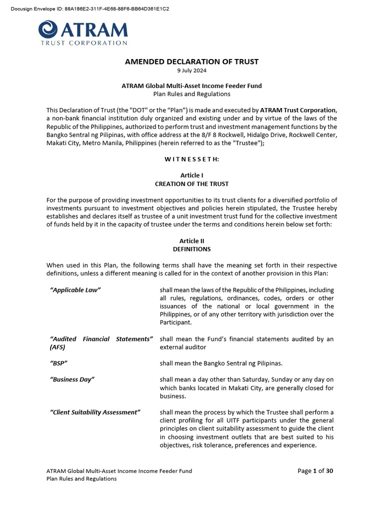 ATRAM Global Multi-Asset Income Feeder Fund - Declaration of Trust - 9 ...