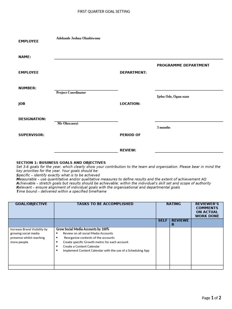 First Quarter Employee Goal Setting | PDF | Goal Setting | Goal