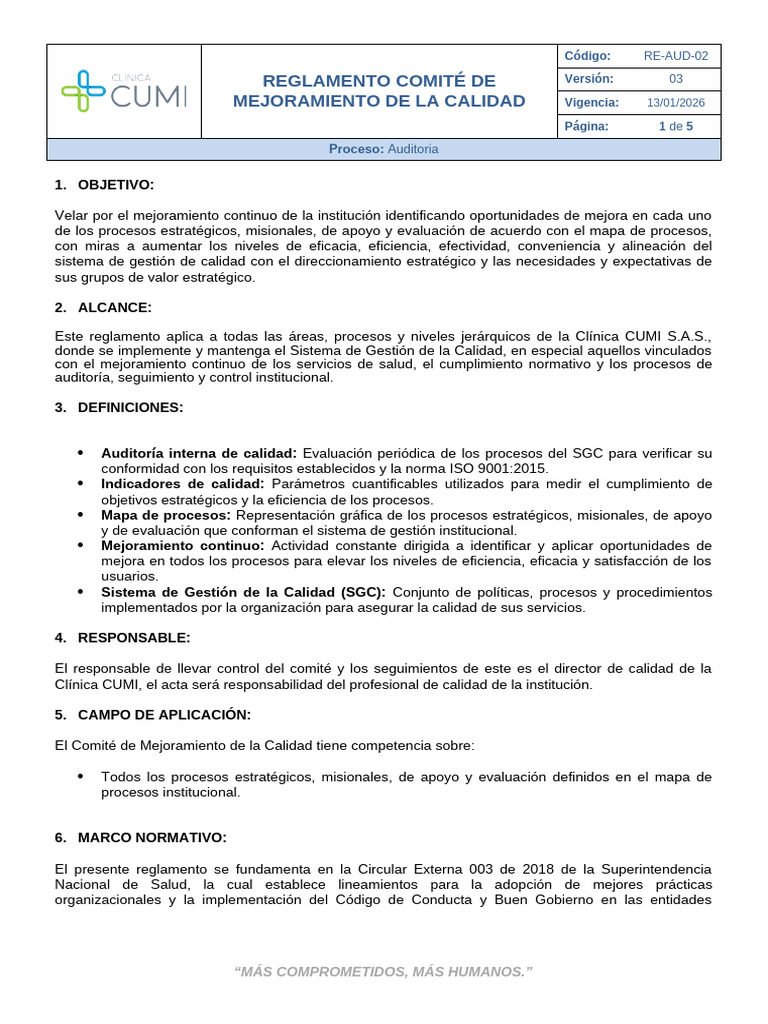Reglamento Comité de Calidad Clínica CUMI | PDF | Sistema de manejo de ...