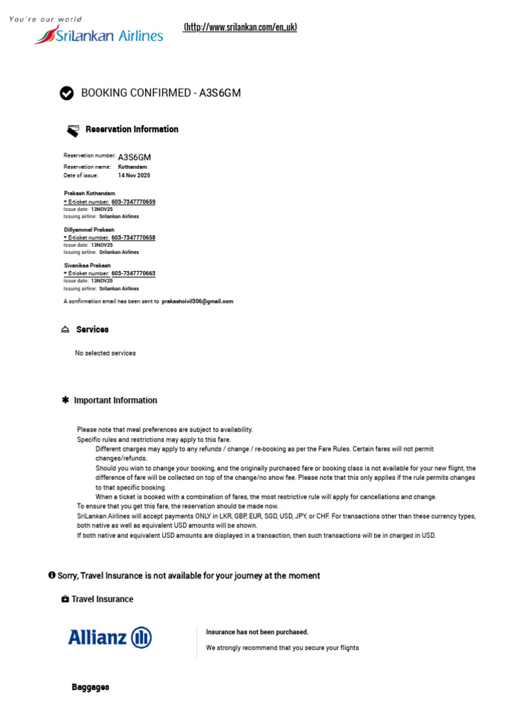 SriLankan Airlines - Reservation Document | PDF | United States Dollar