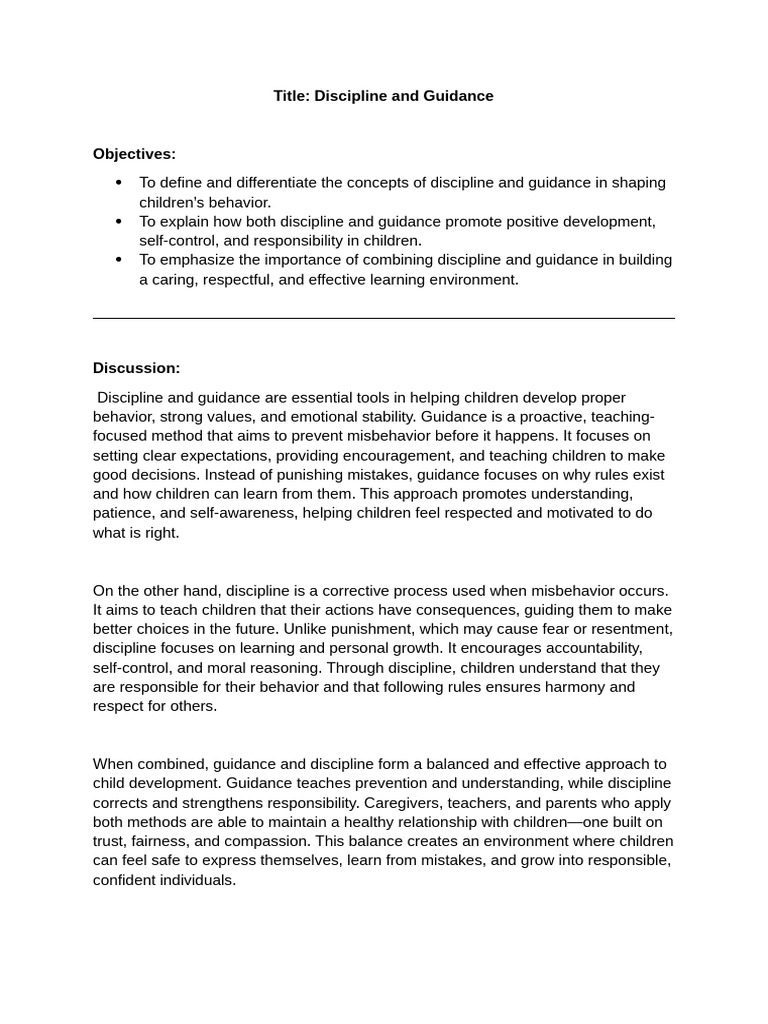 Discipline vs. Guidance in Child Behavior | PDF | Disciplines | Self ...