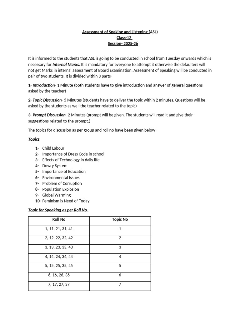 ASL Devision of Students 2025-26 | PDF