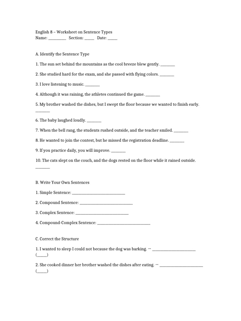 Sentence Types Worksheet | PDF
